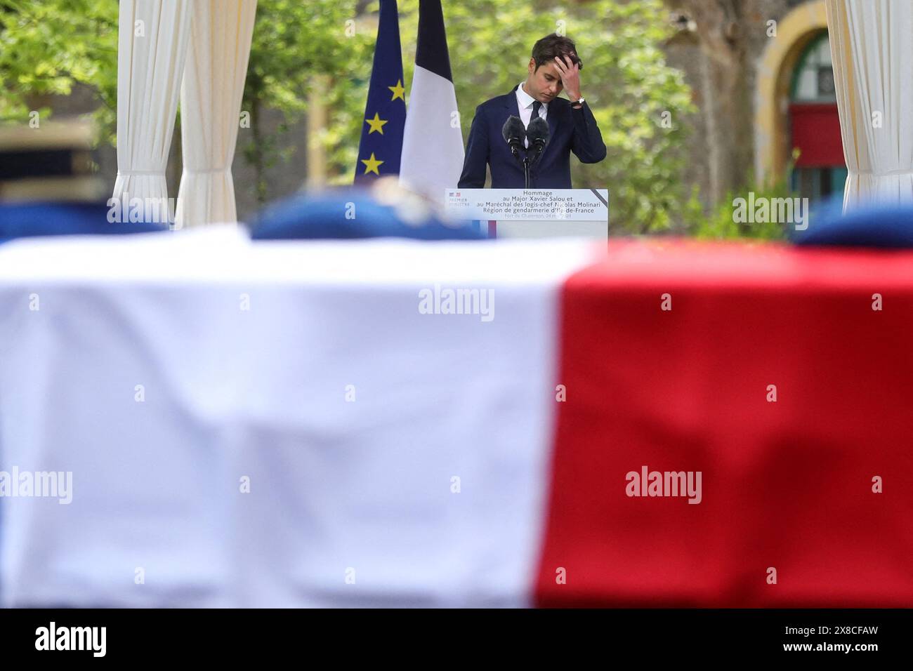 French Prime Minister Gabriel Attal during a military funeral ceremony ...