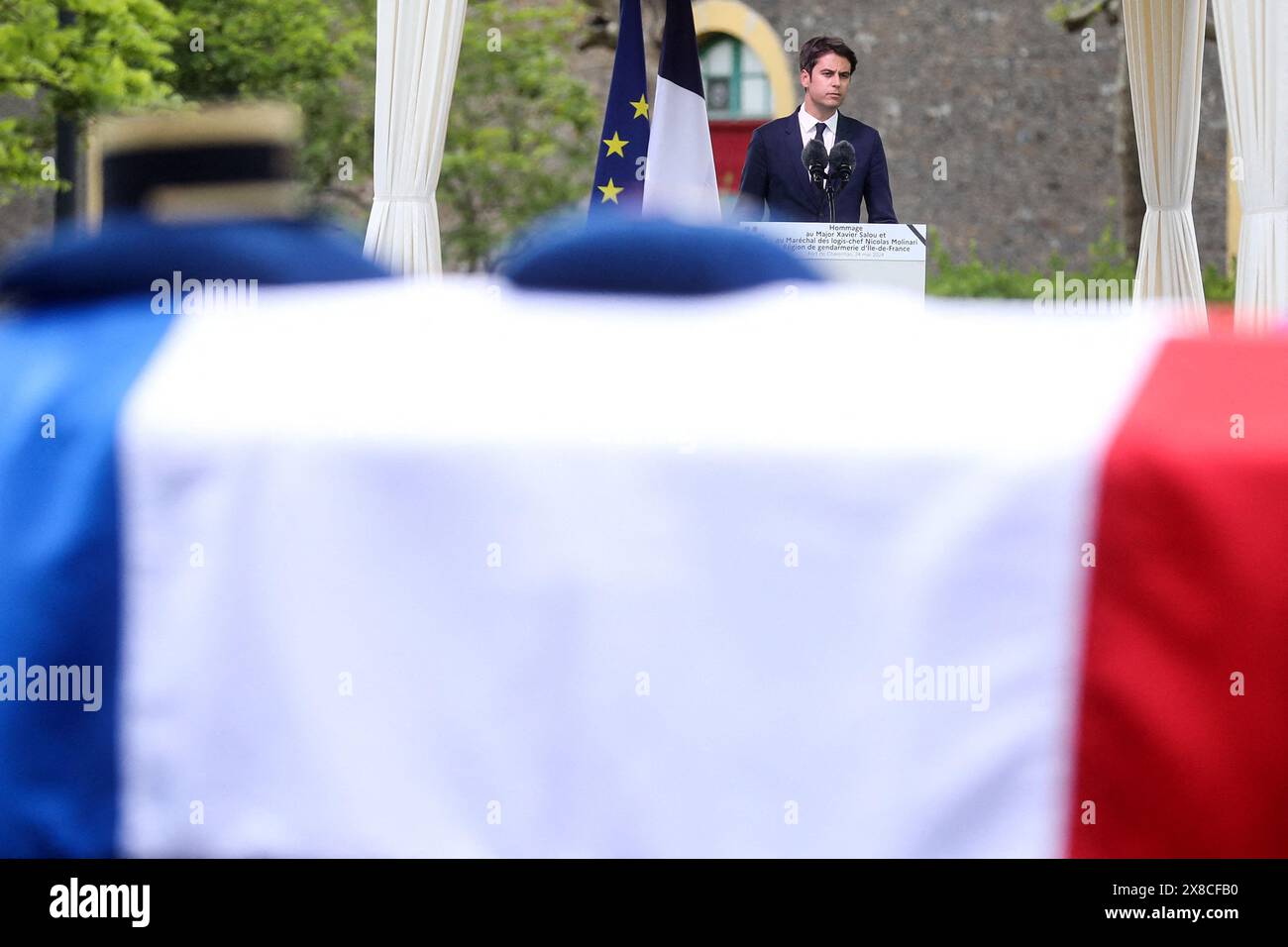 French Prime Minister Gabriel Attal during a military funeral ceremony ...