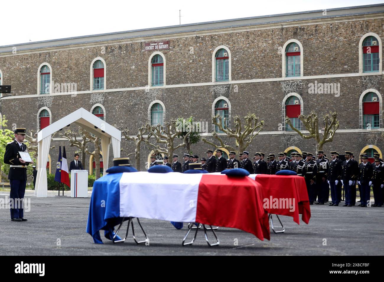French Prime Minister Gabriel Attal during a military funeral ceremony ...