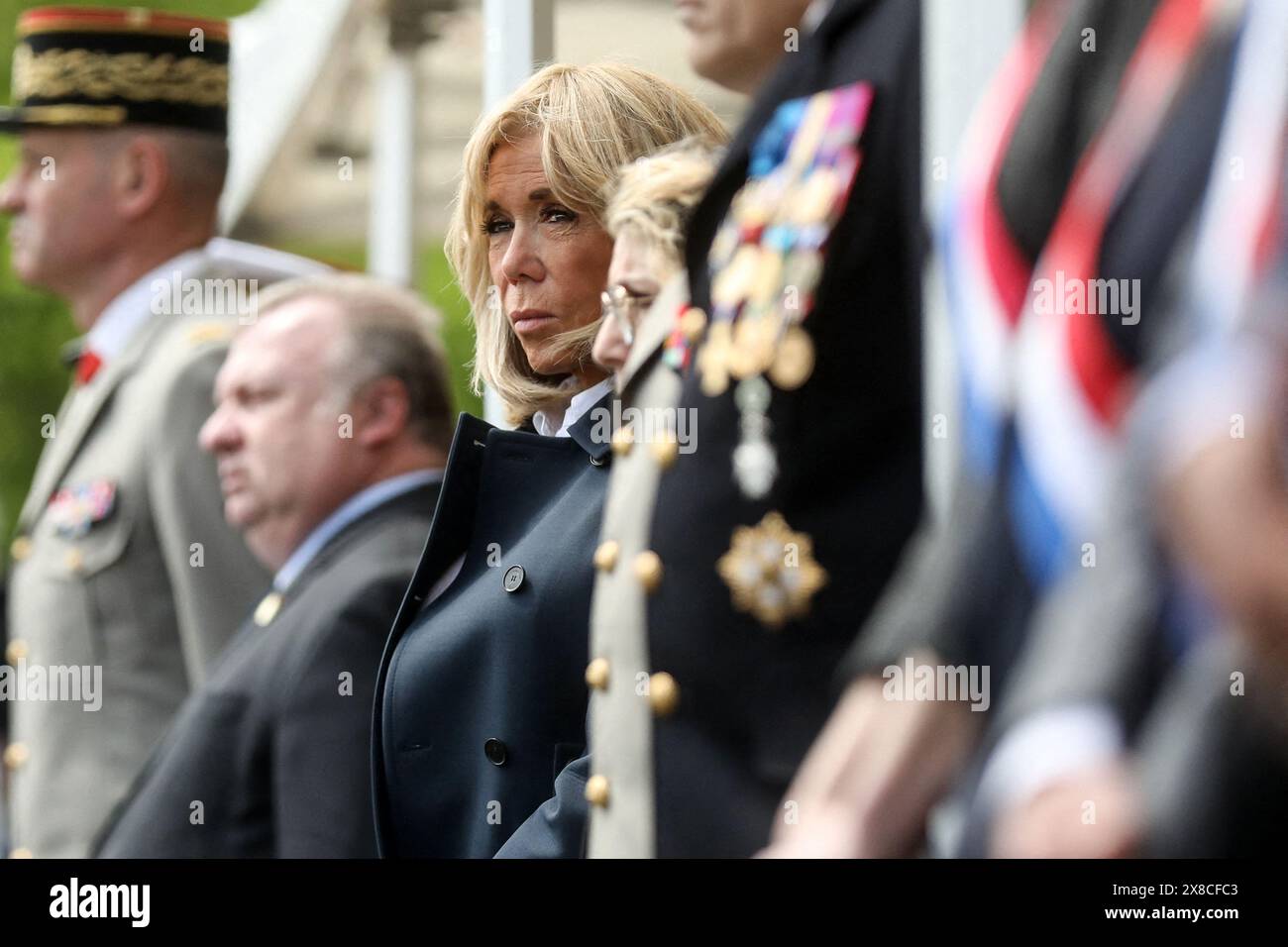 Brigitte Macron during a military funeral ceremony at the Fort de ...