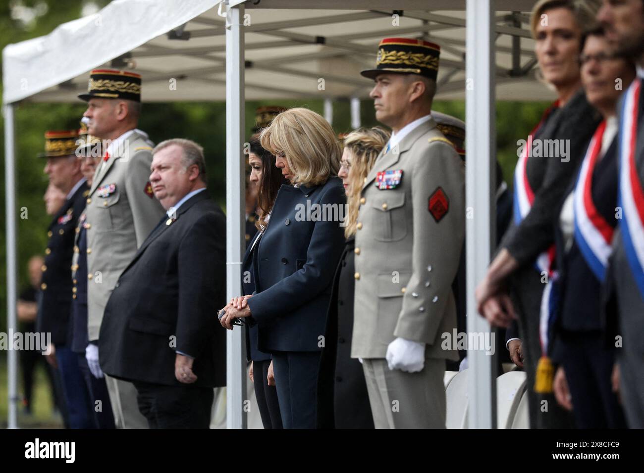Brigitte Macron during a military funeral ceremony at the Fort de ...