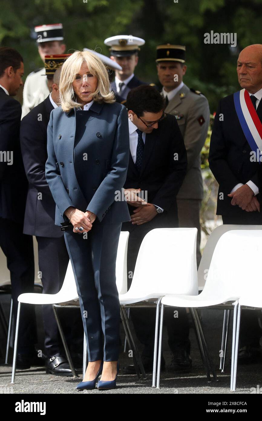 Brigitte Macron during a military funeral ceremony at the Fort de ...