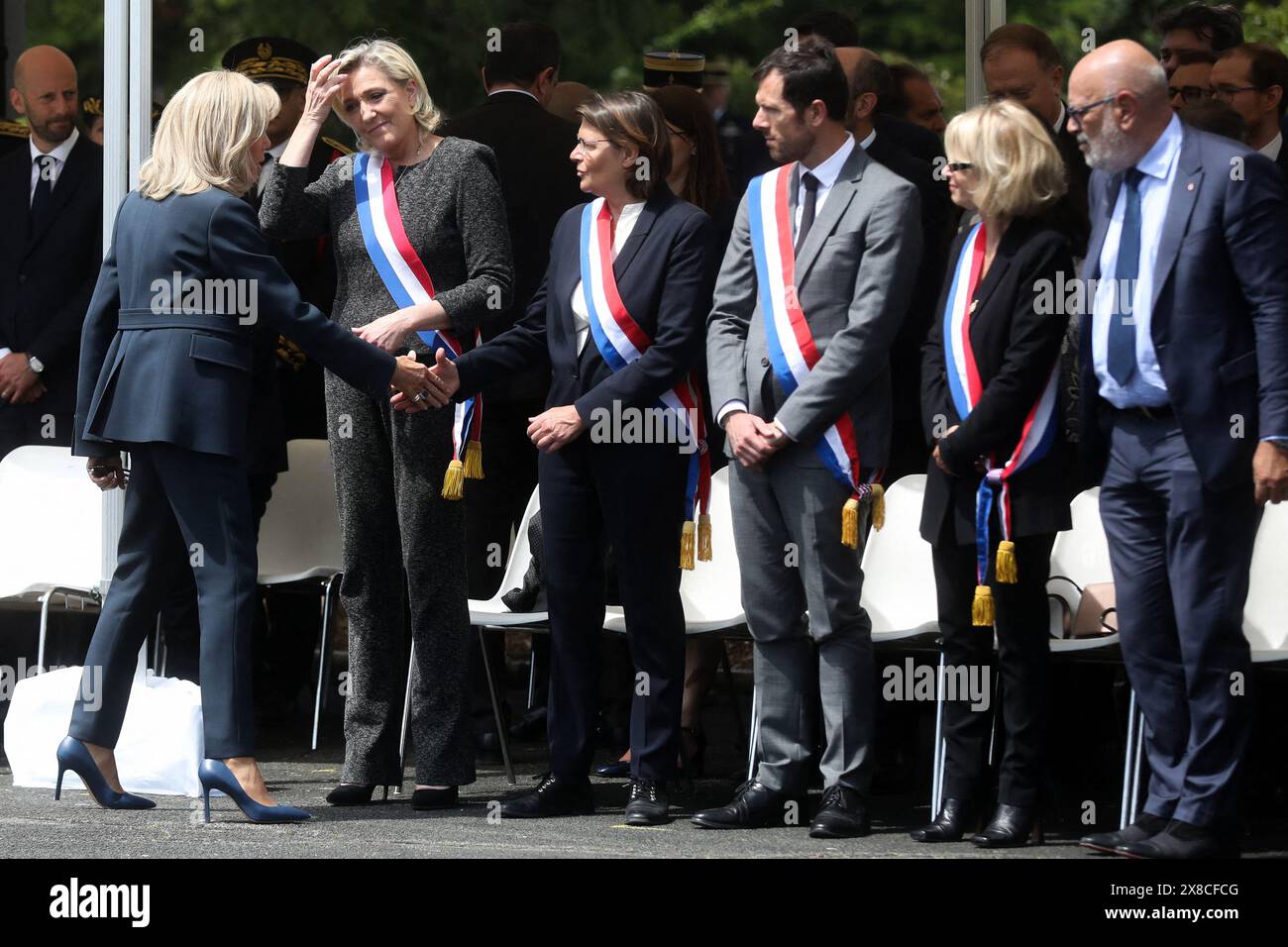 Brigitte Macron during a military funeral ceremony at the Fort de ...