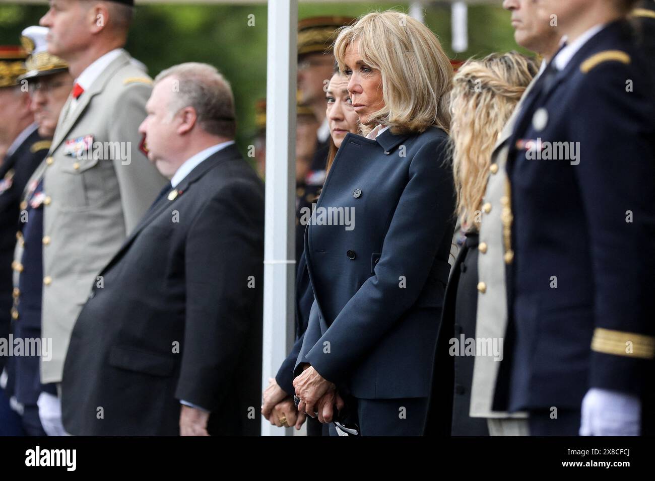Brigitte Macron during a military funeral ceremony at the Fort de ...