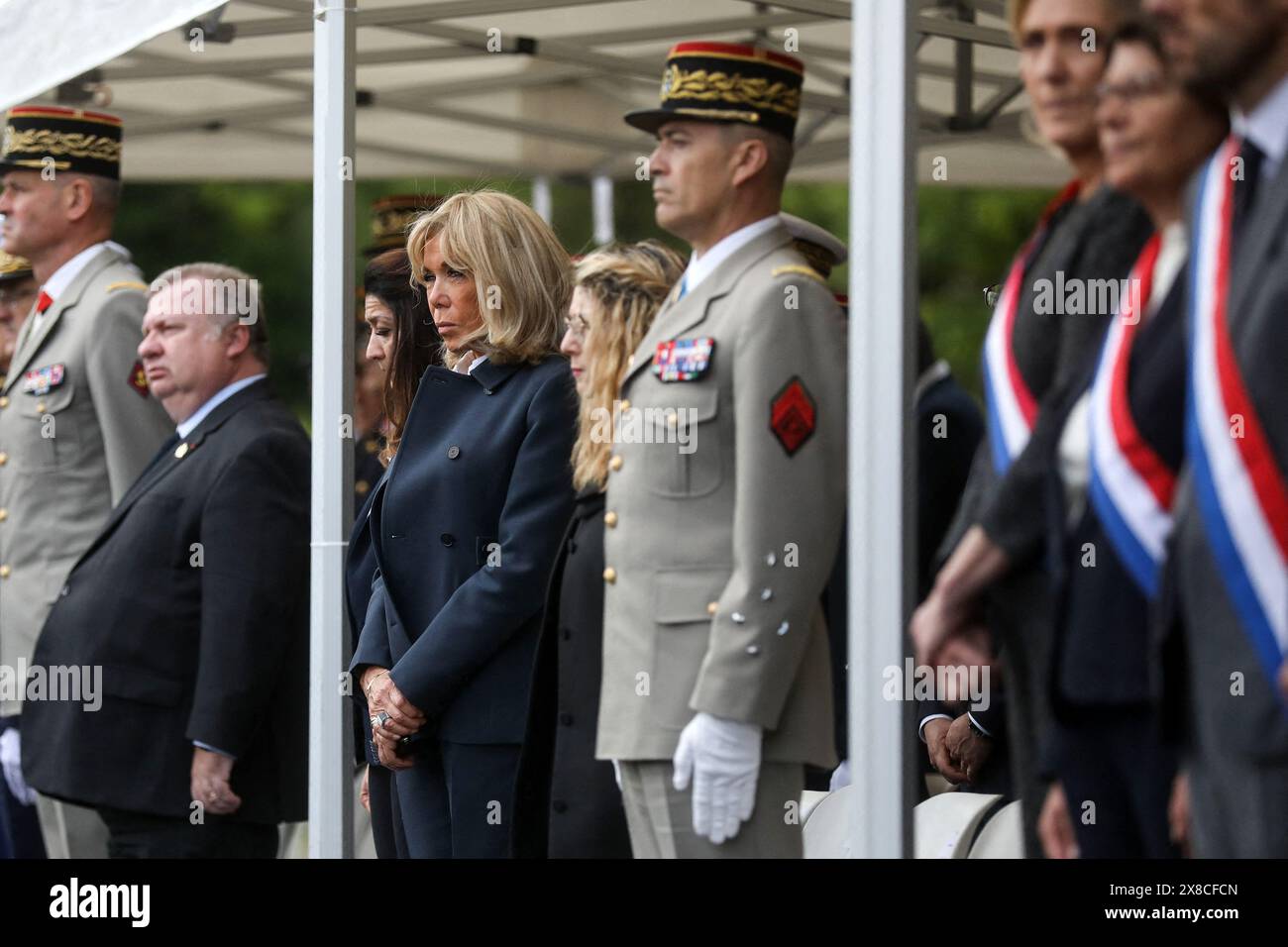 Brigitte Macron during a military funeral ceremony at the Fort de ...
