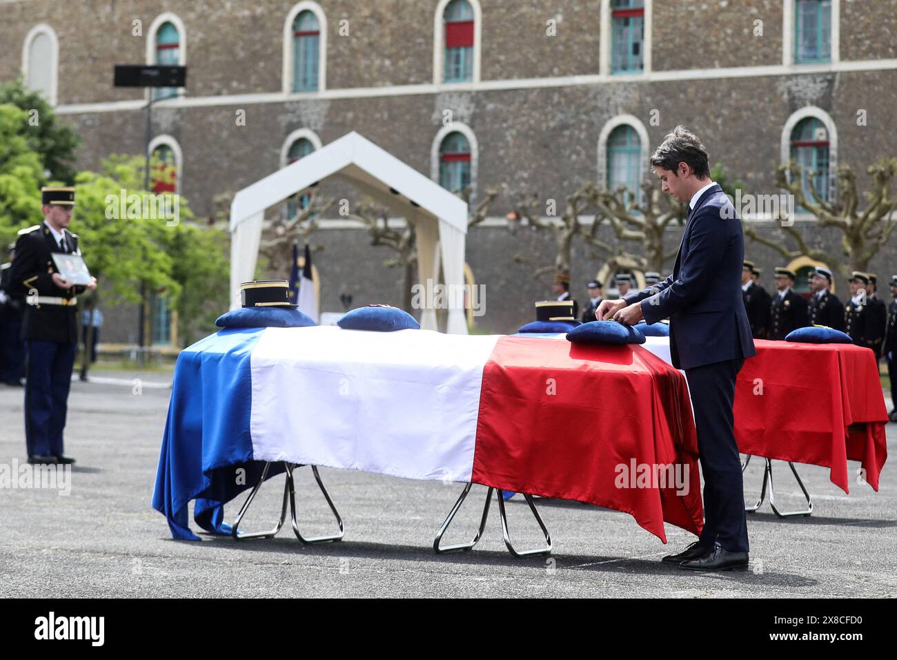 French Prime Minister Gabriel Attal during a military funeral ceremony ...