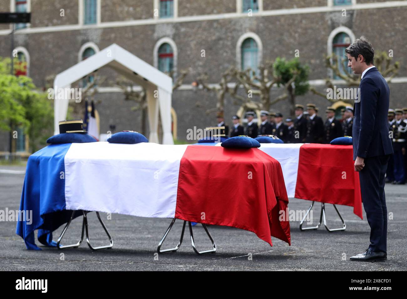 French Prime Minister Gabriel Attal during a military funeral ceremony ...