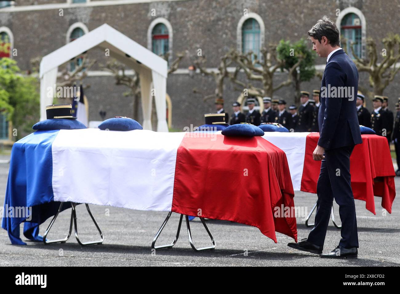 French Prime Minister Gabriel Attal during a military funeral ceremony ...