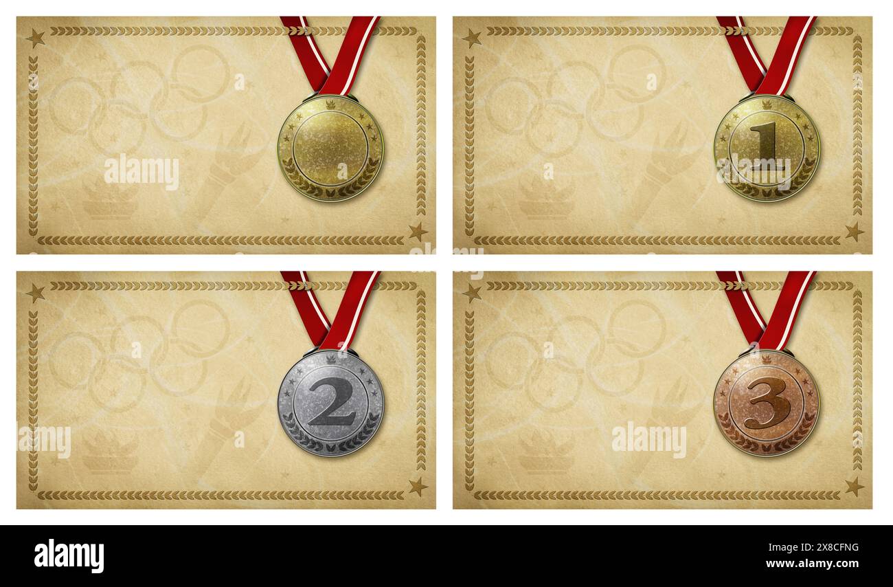 Set of blank brown Olympic qualifying certificates with drawings and ...