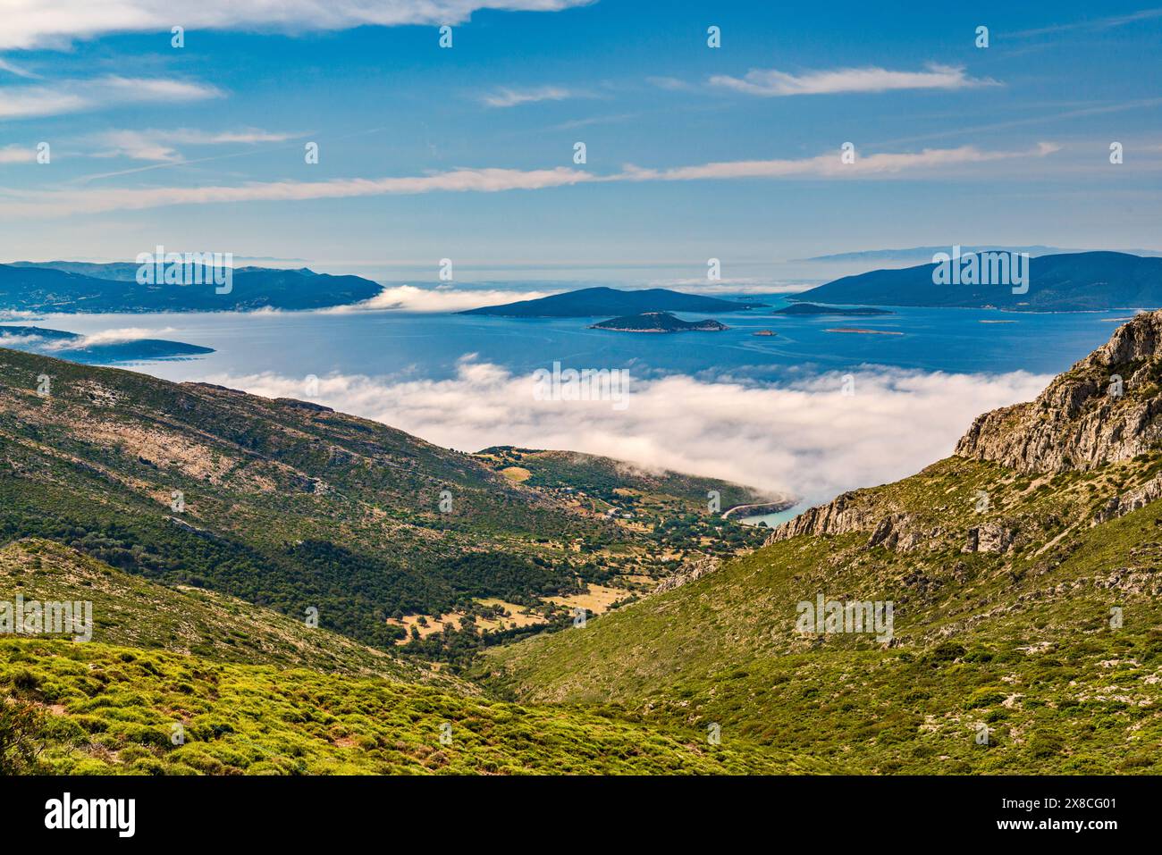 Morning low clouds, islands at Petalioi Gulf at Aegean Sea, near sea ...