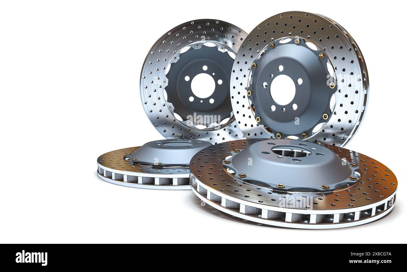 three ventilated car brake discs isolated on white background copyspace ...