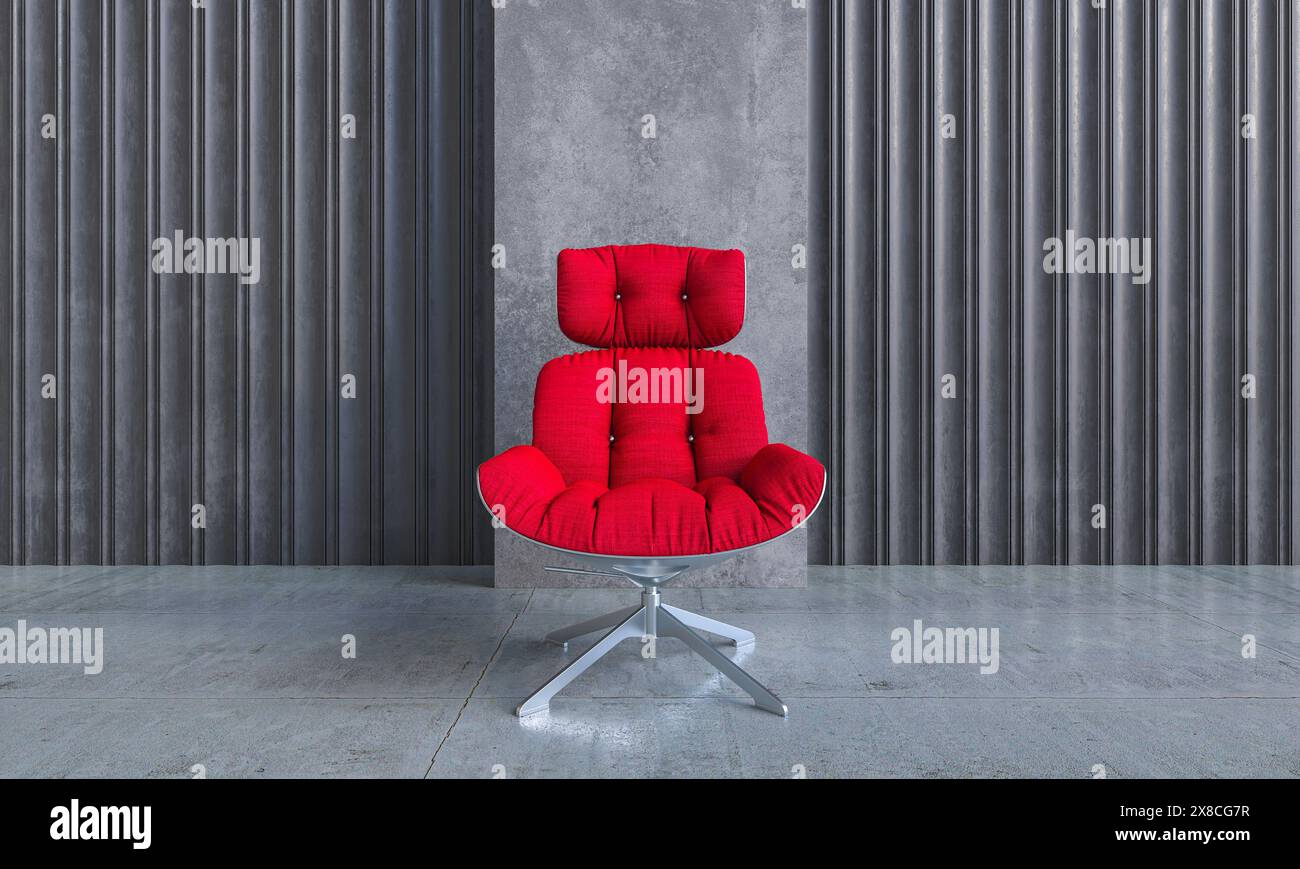 Contemporary vibrant red chair minimalist industrial setting concrete ...