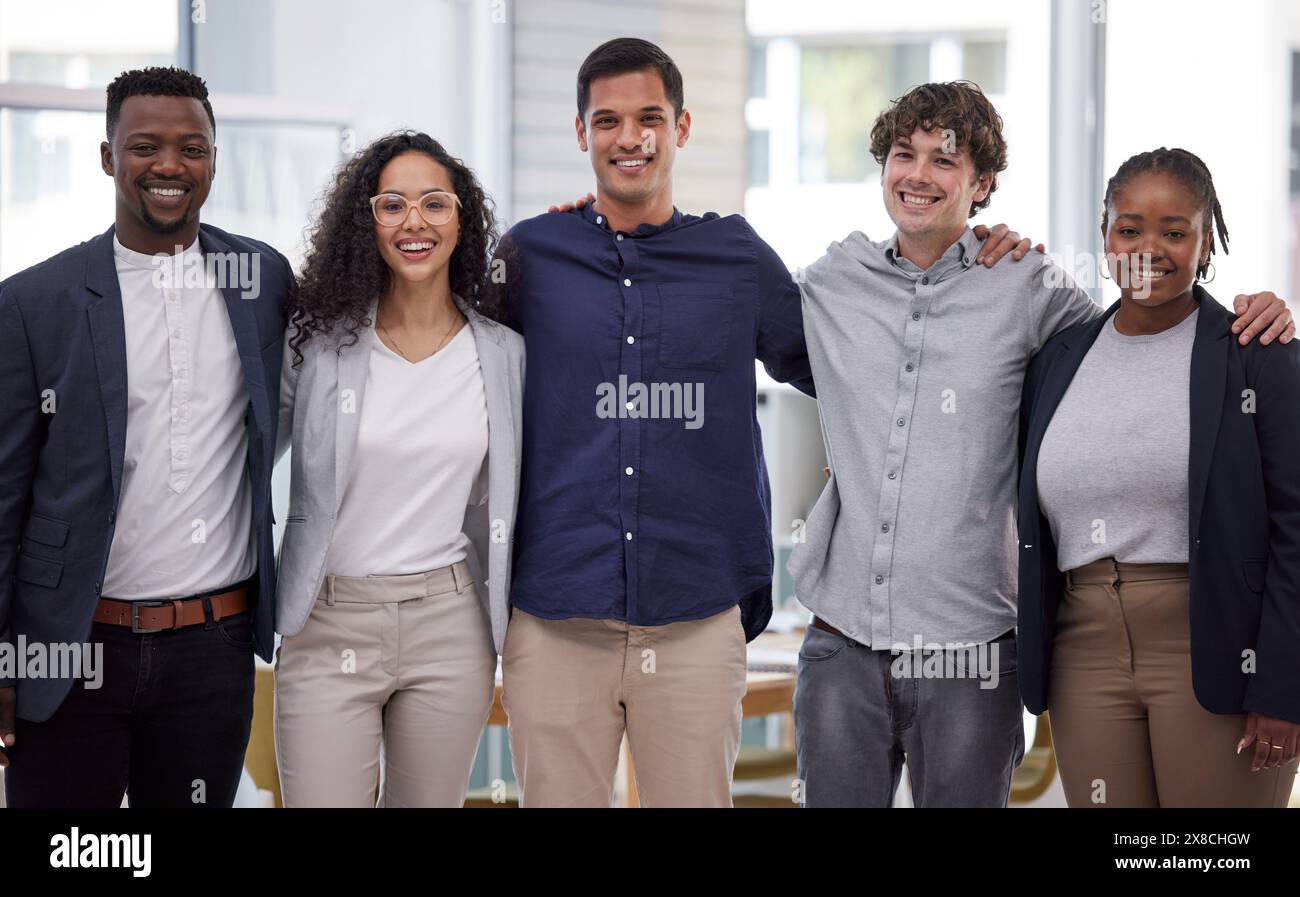 Smile, collaboration and portrait of business people in office for team building, diversity and ...