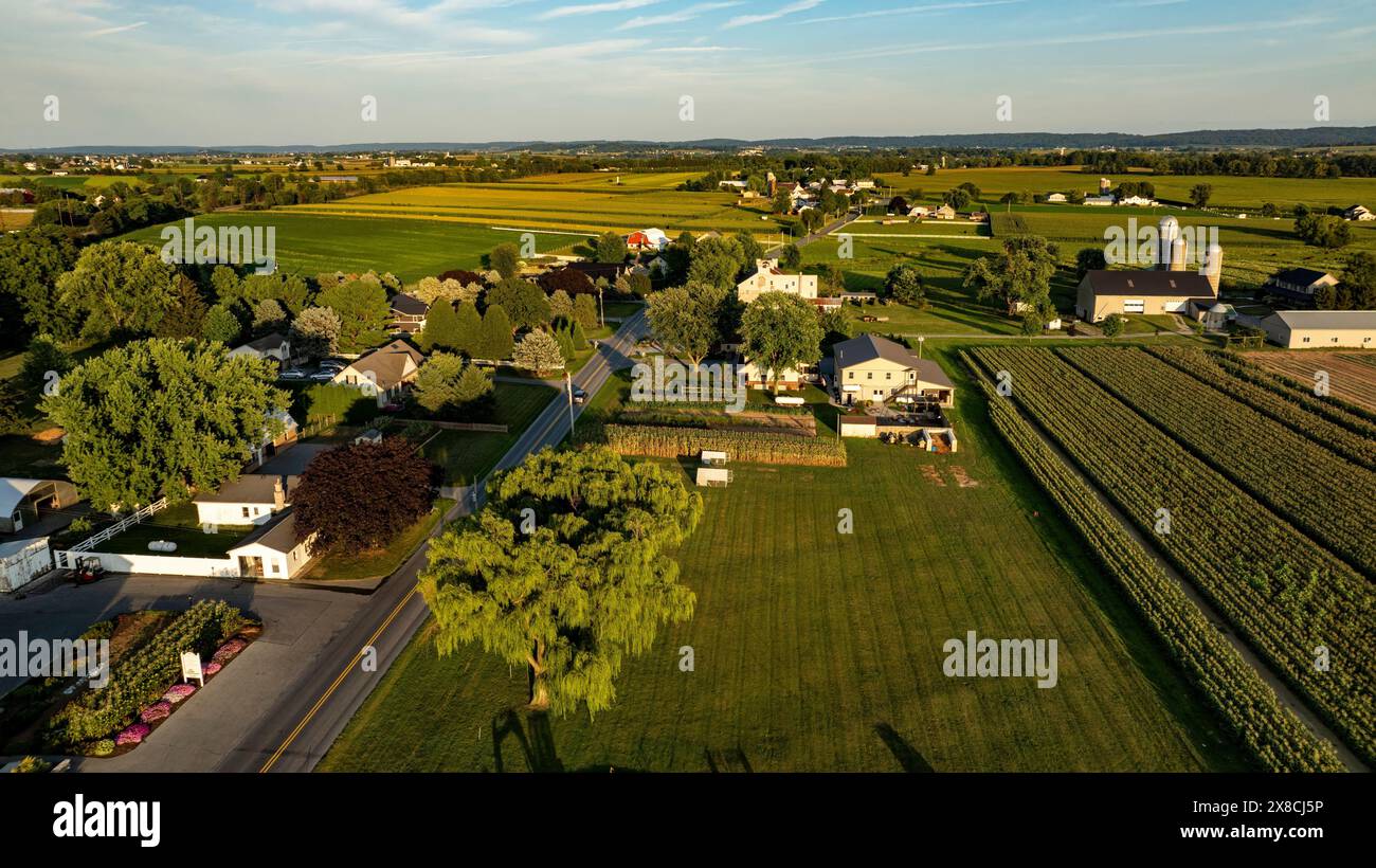 An Aerial View of Rural Farmland and Buildings at Dusk Stock Photo - Alamy