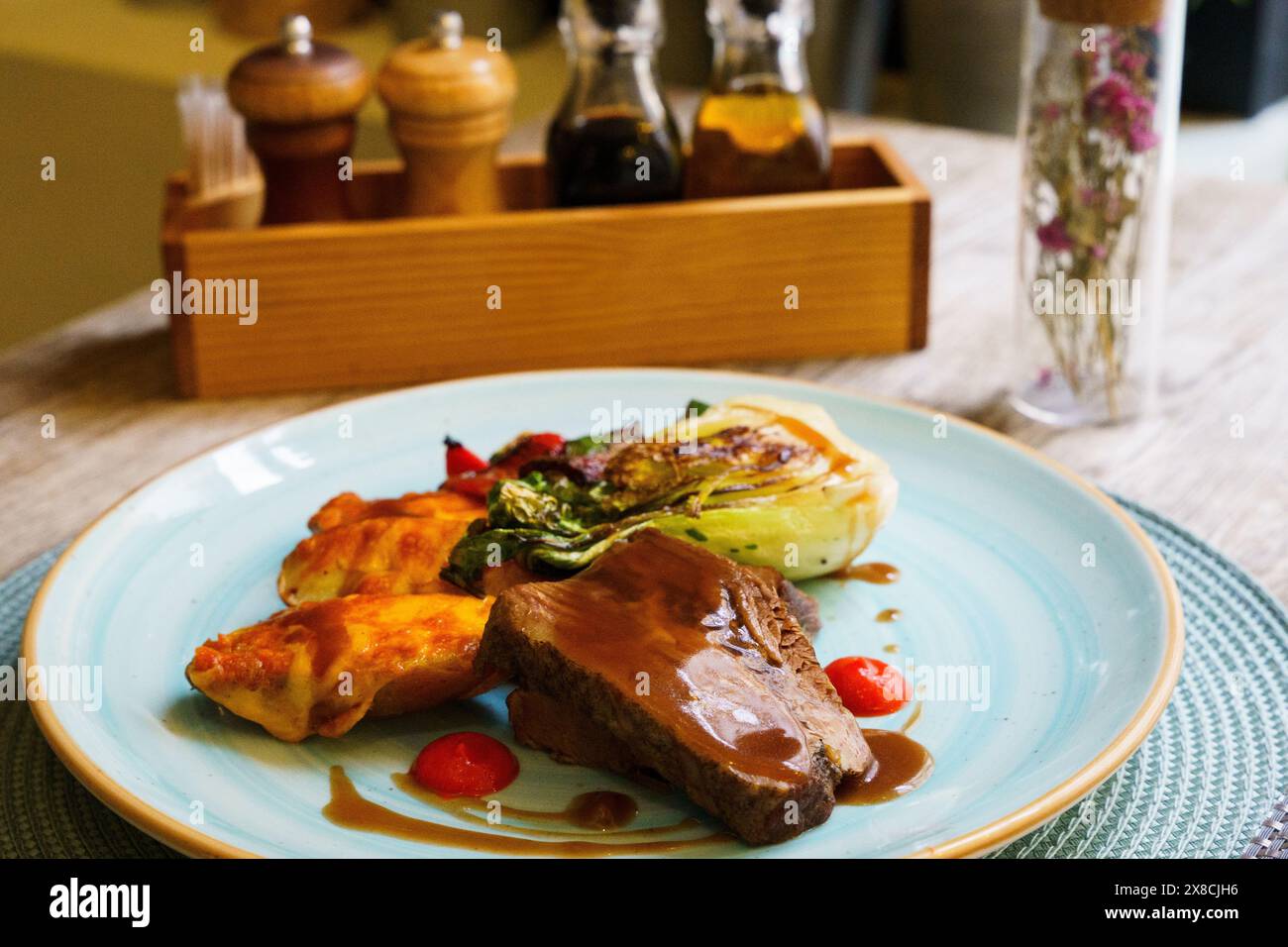 Smoked Irish brisket, caper puree, grilled vegetables, roasted cheddar ...