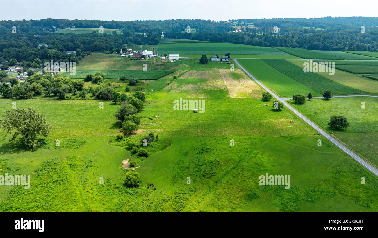 An Aerial View of Rural Farmlands and Countryside Road Stock Photo - Alamy