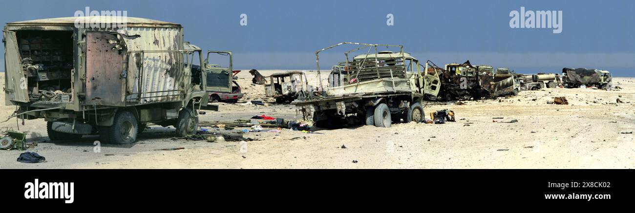 First Gulf War: 4th March 1991 A panorama of an Iraqi convoy of about ...