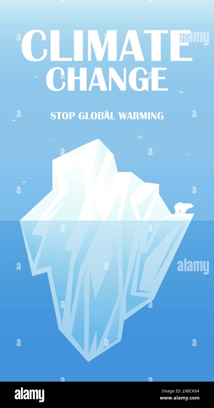 Climate change, polar bear on floating iceberg banner template. Global ...