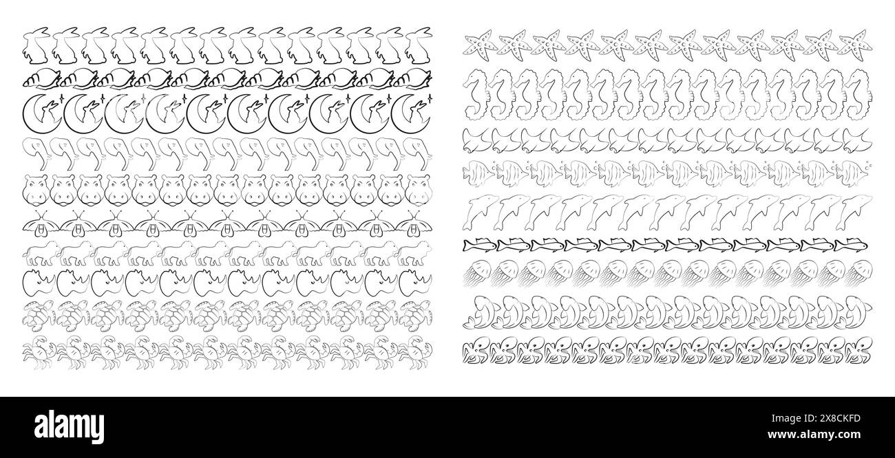 Childish simple sketch animal border collection. Hand drawn 2d cartoon ...