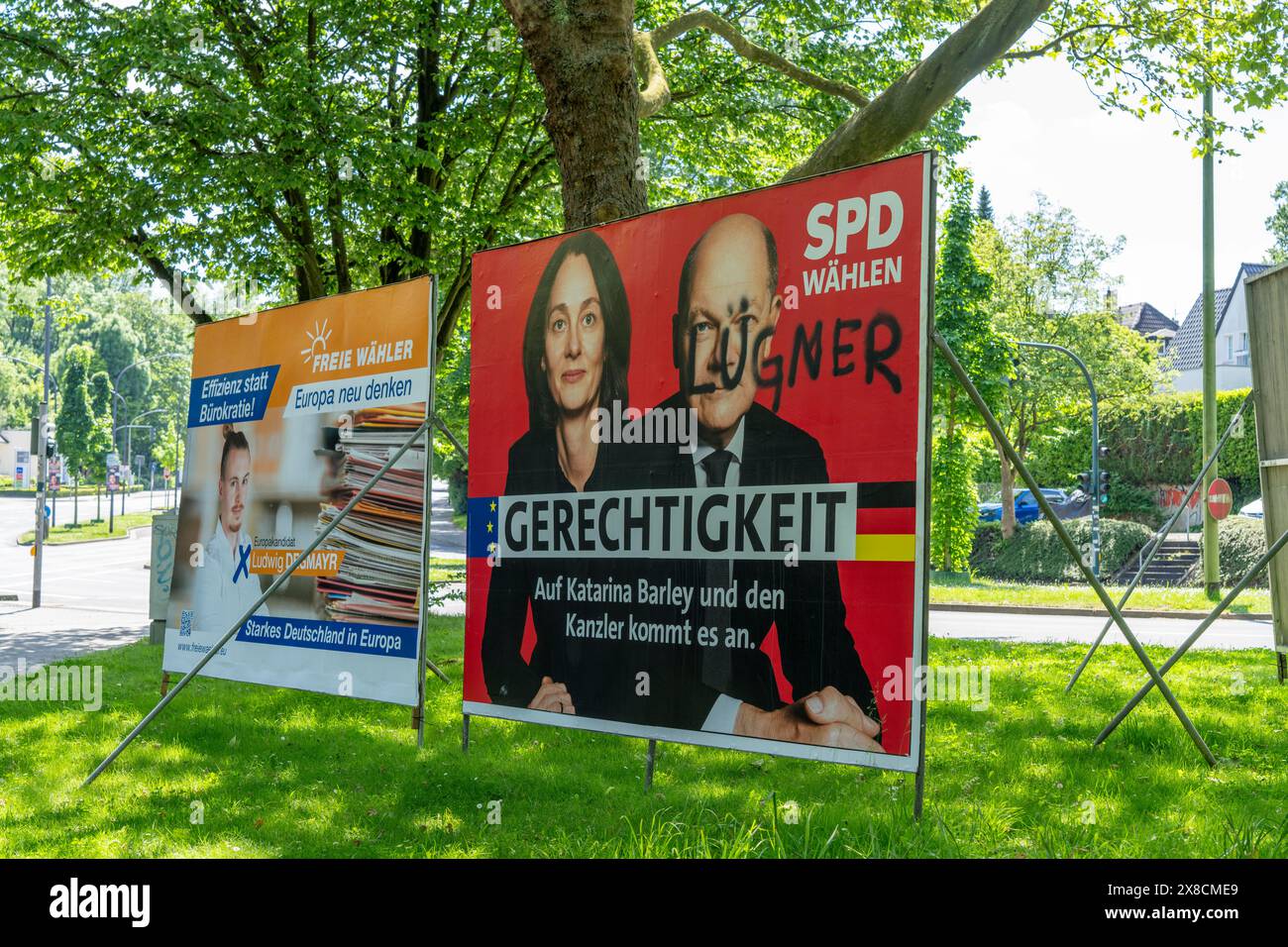 Graffitied SPD election poster for the 2024 European elections, in ...