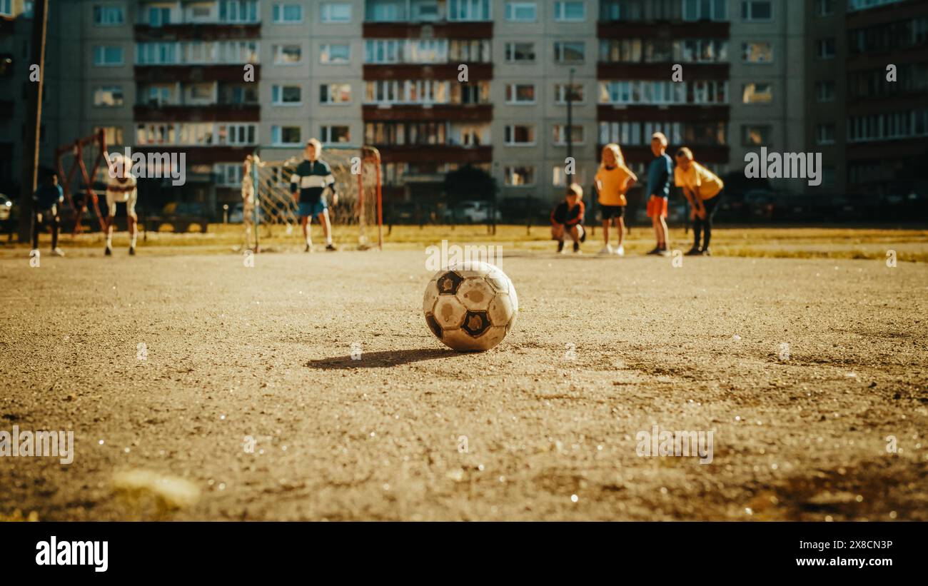 Neighborhood Kids Playing Soccer Outside in Urban Backyard. Young ...