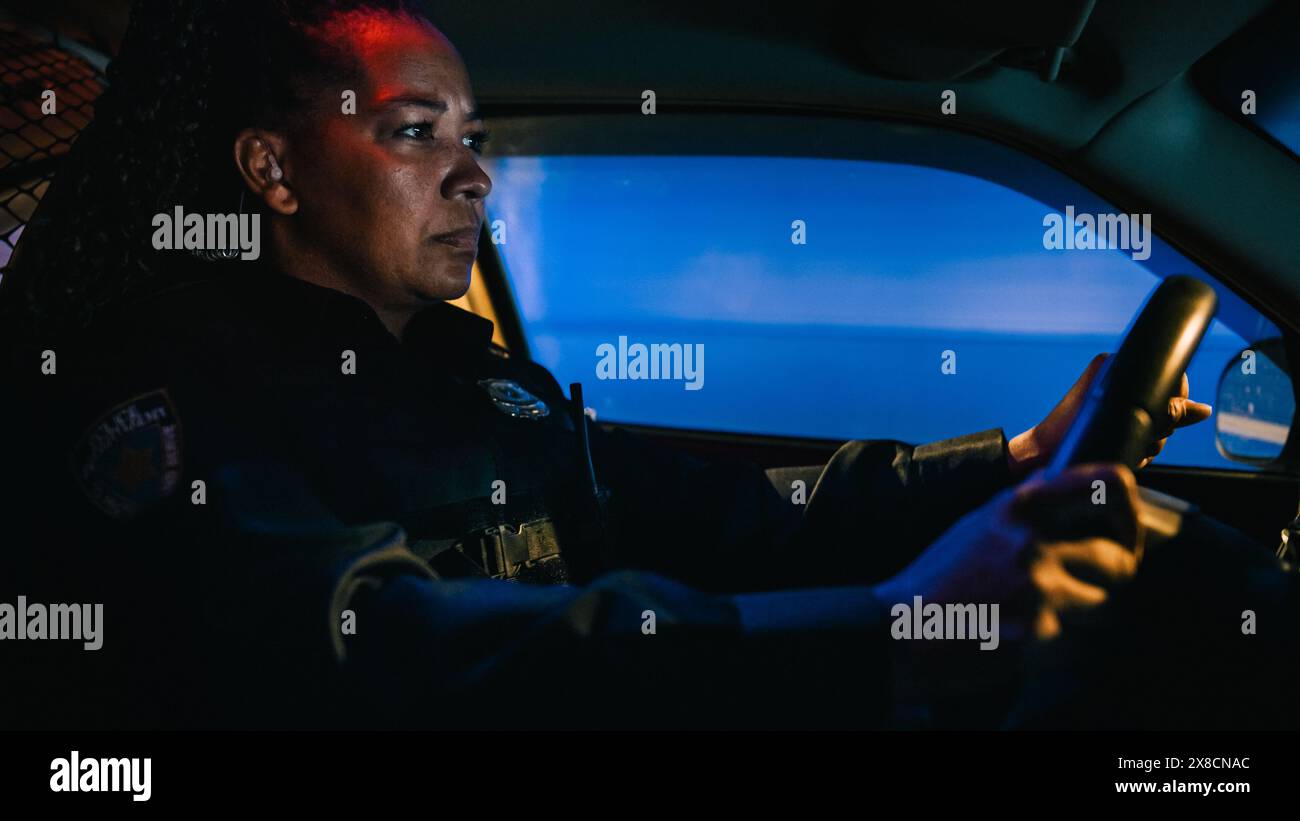 Inside Police Traffic Patrol Squad Car: Black Female Police Officer on ...