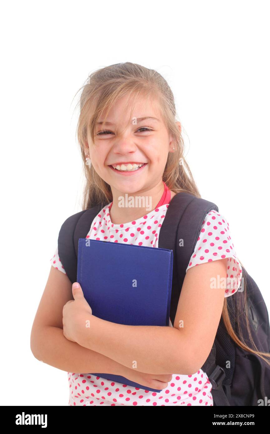 cheerful elementary schoolgirl on white background Stock Photo - Alamy