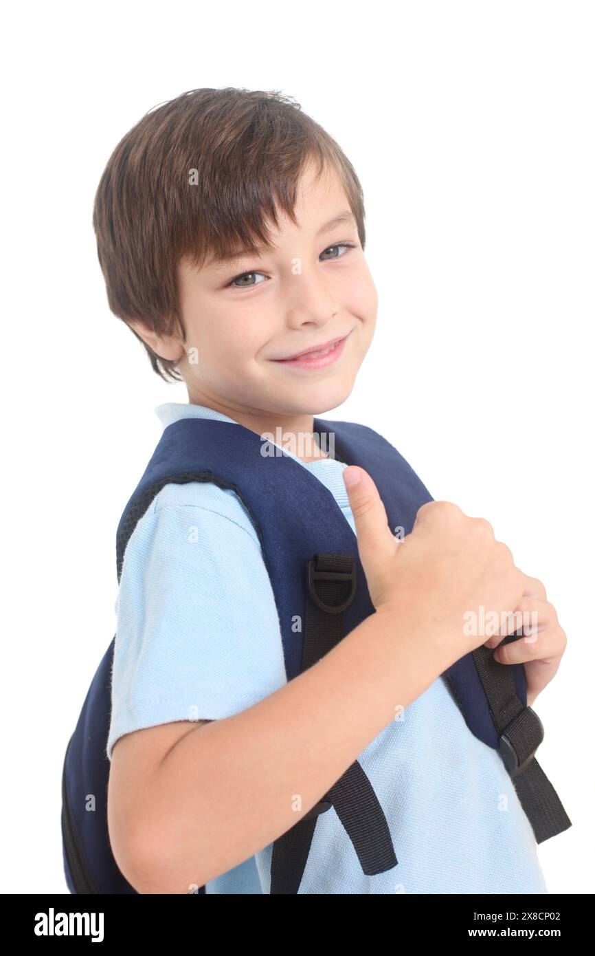 cute cheerful elementary schoolboy with backpack on white background ...