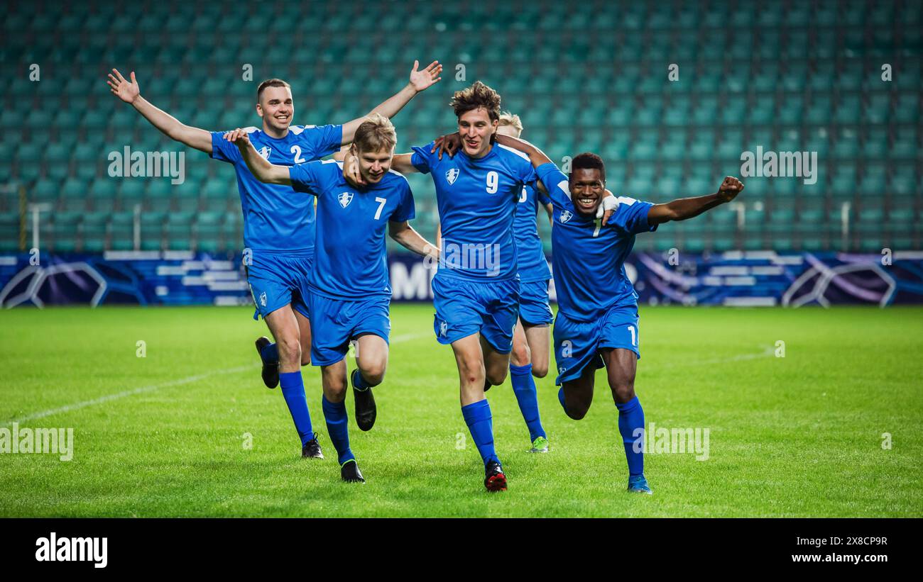 Soccer Football Championship: Blue Team Forward Attacks and Scores Goal ...