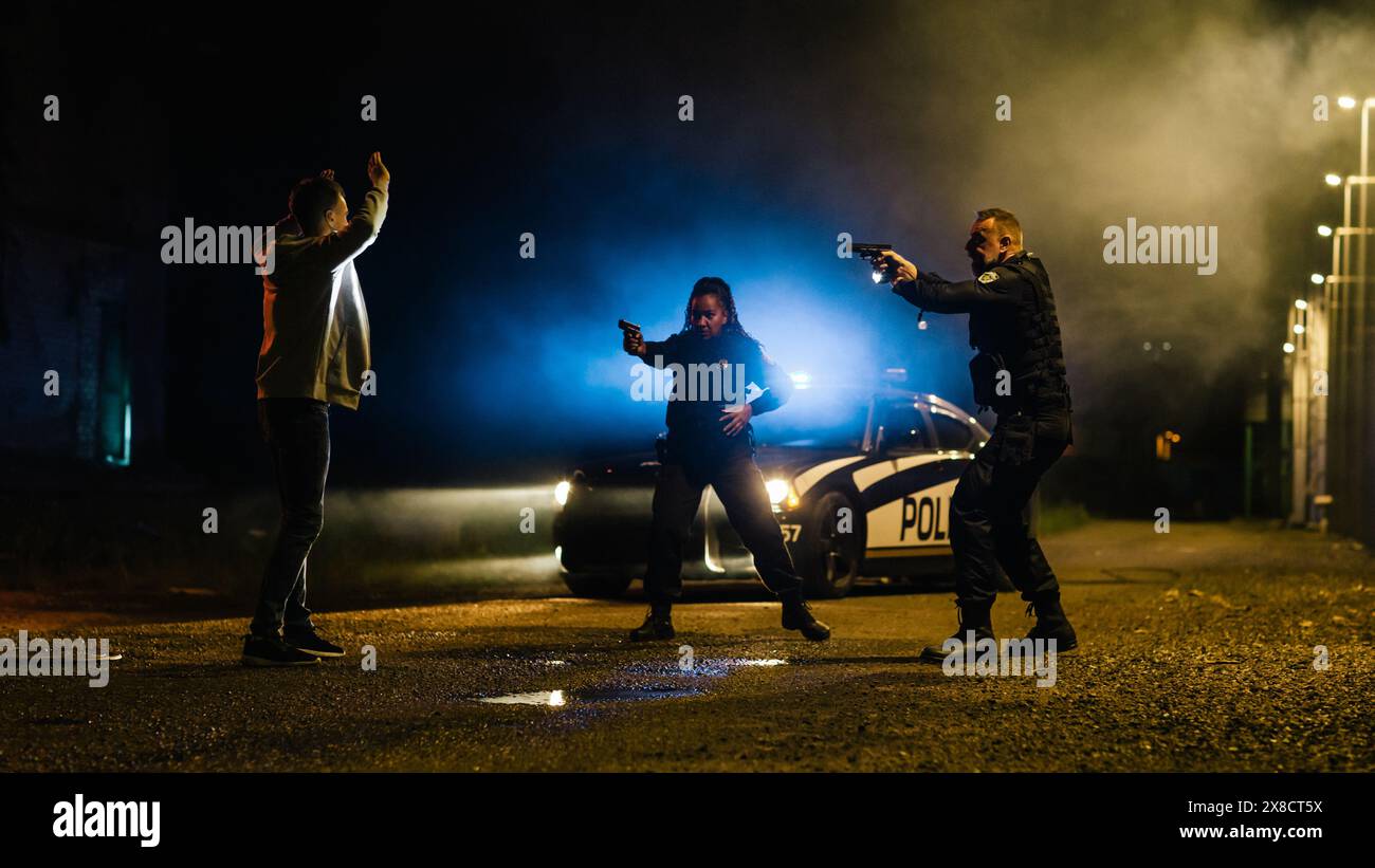 Two Police Officers in Pursuit of a Suspect. Cops Getting out of the ...