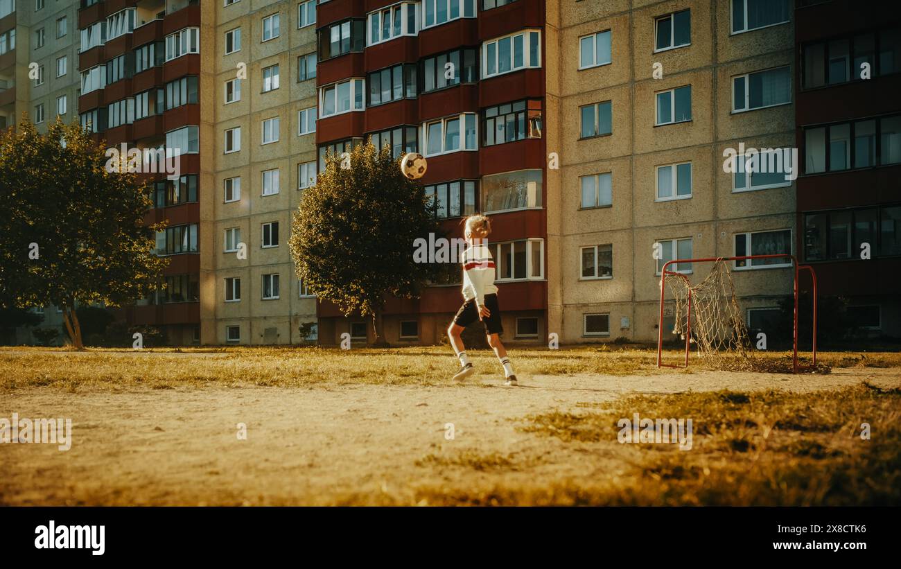 Young Talented Boy Practising Dribbling with Soccer Ball and Shooting ...