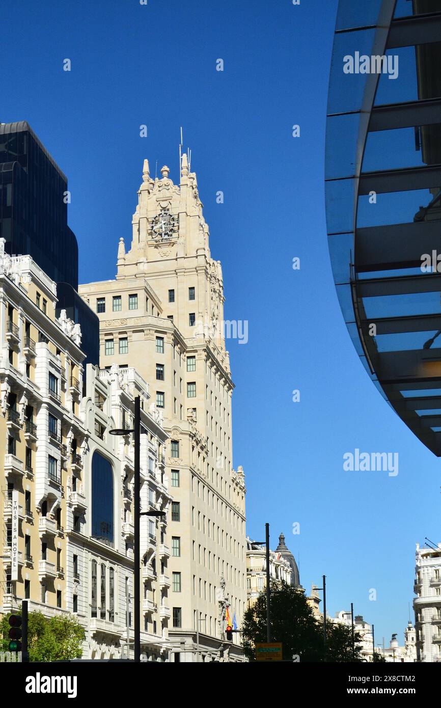 Madrid, Spain - April 16, 2024.The Telefonica building on Gran Via ...