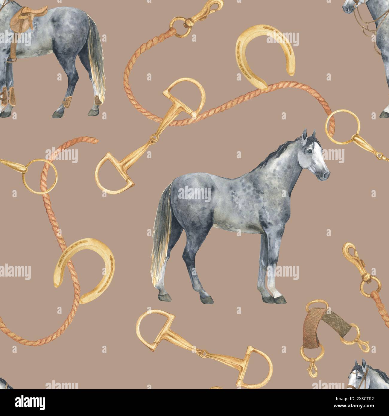 Seamless pattern with watercolor illustration of gray horse, rope ...