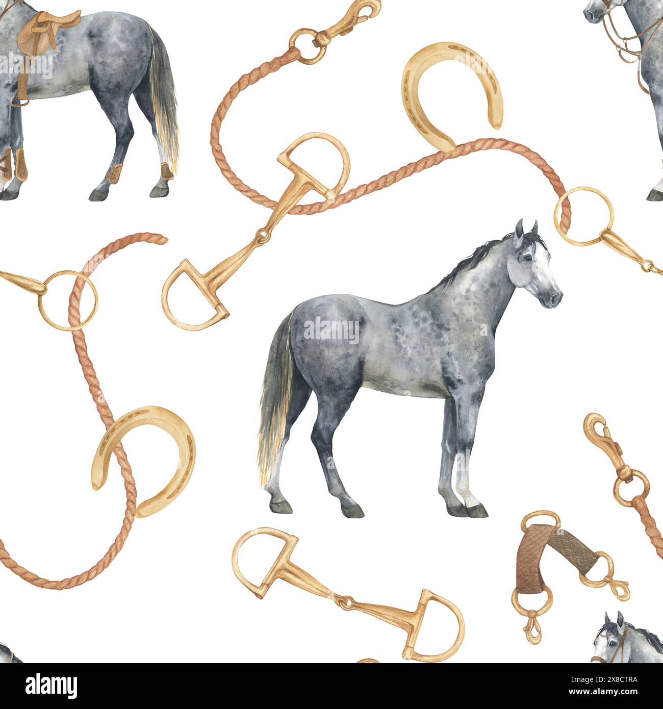 Seamless pattern with watercolor illustration of gray horse, rope ...