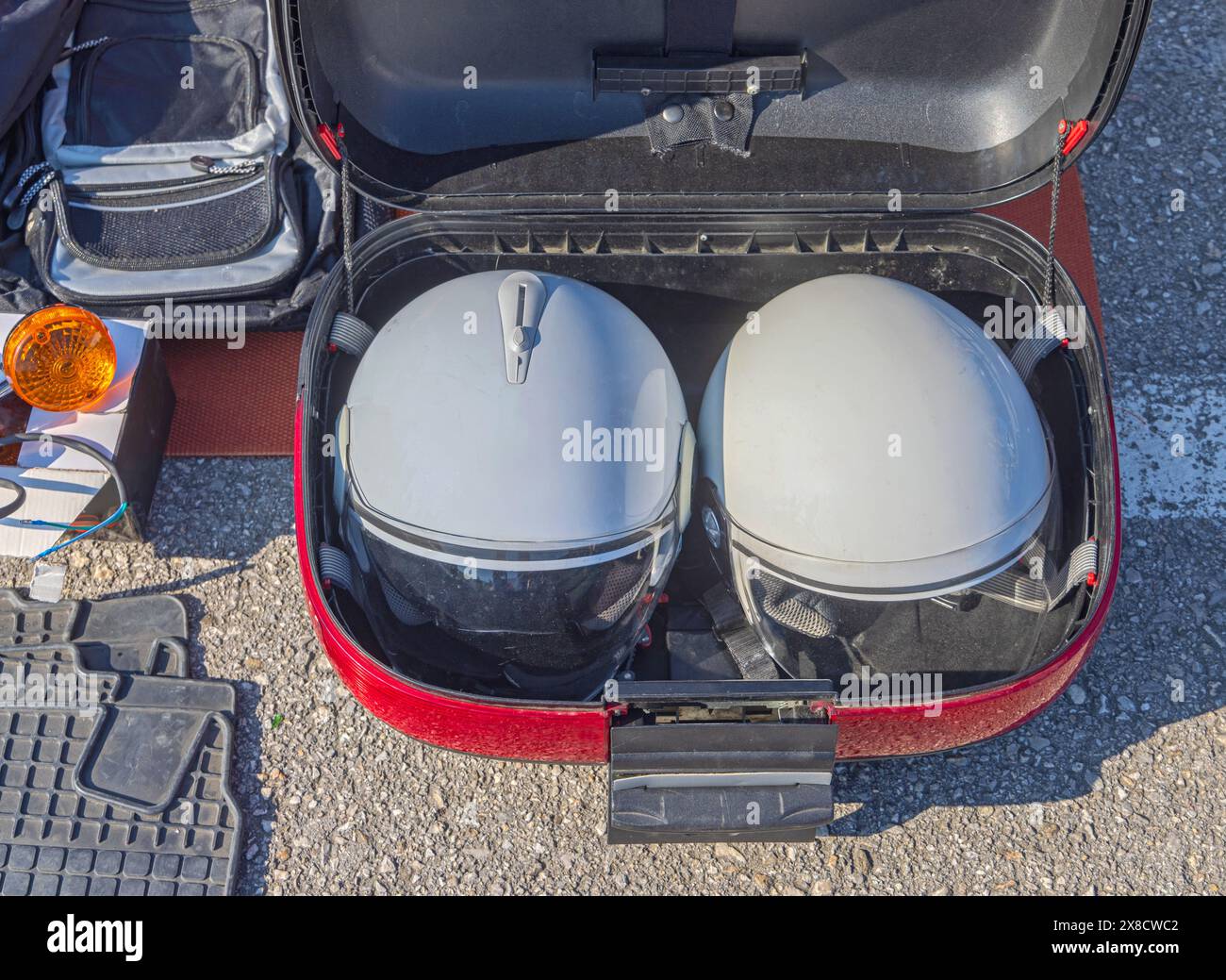Two White Helmets in Top Box Motorcycle Rider Safety Equipment Stock ...