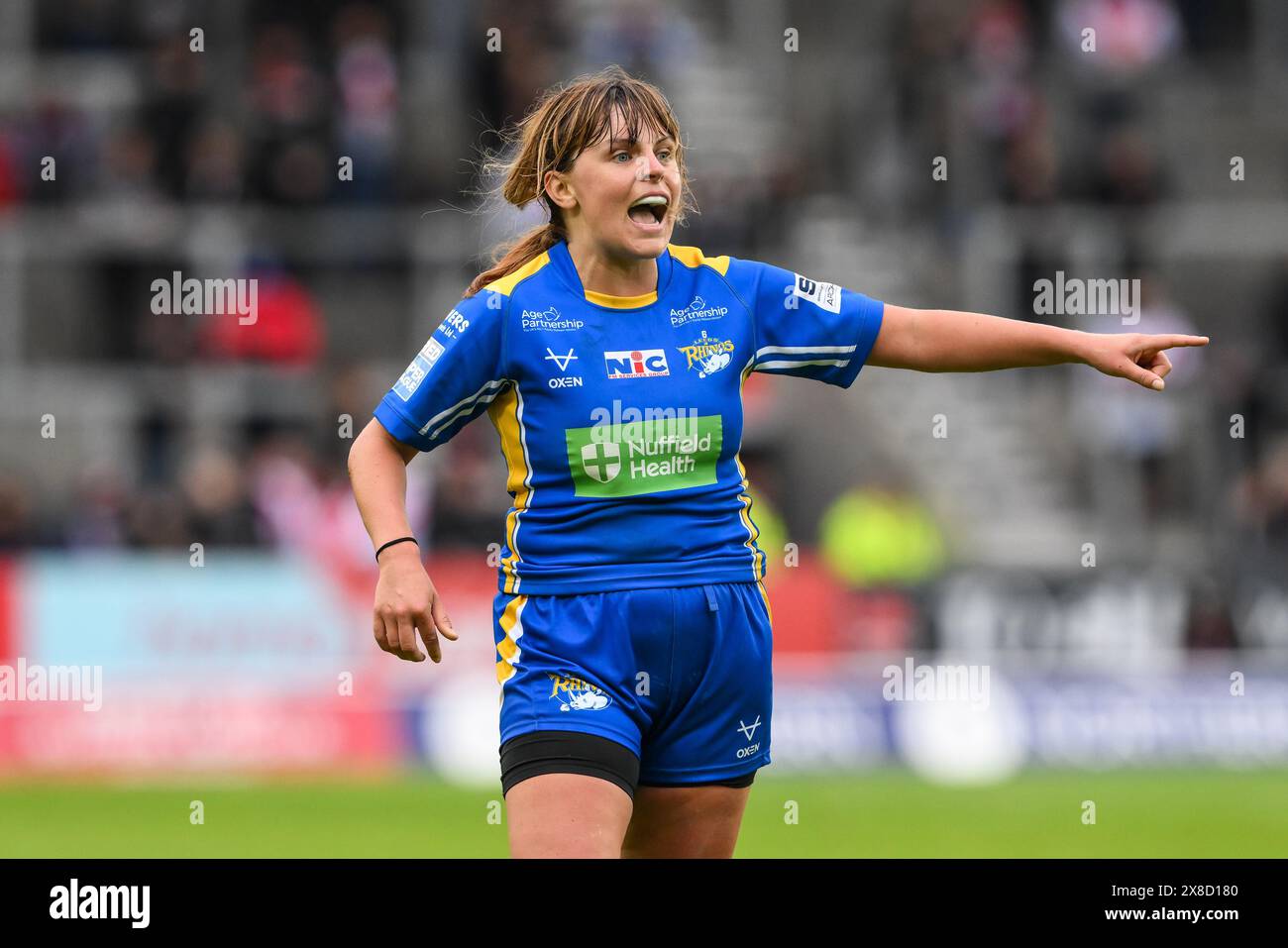 Hanna Butcher of Leeds Rhinos gives her team instructions during the ...