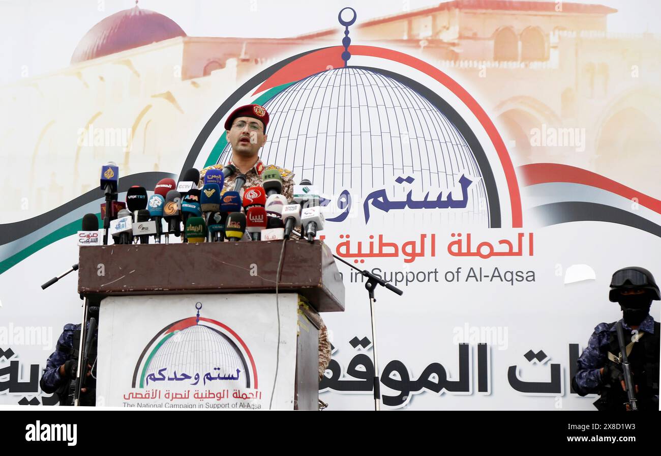 Sanaa, Yemen. 24th May, 2024. Houthi military spokesman Yahya Sarea ...