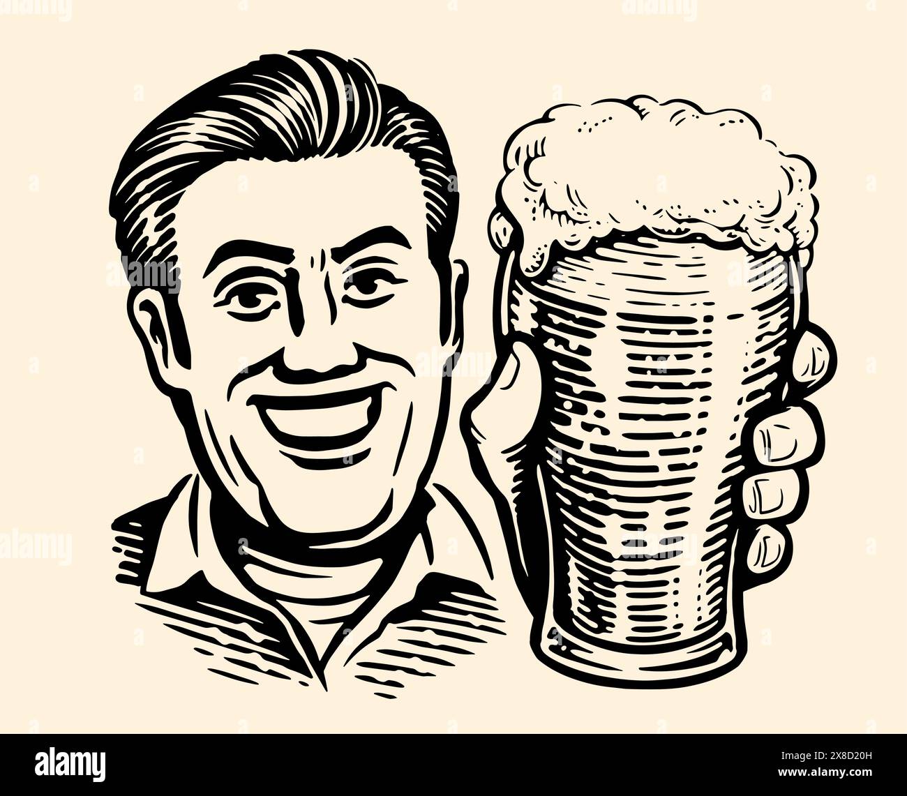 Cheerful man with glass of fresh beer. Hand drawn illustration in retro ...