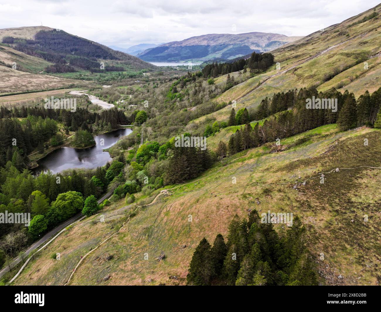 Aerial drone view from Clachaig looking towards Glencoe village and ...