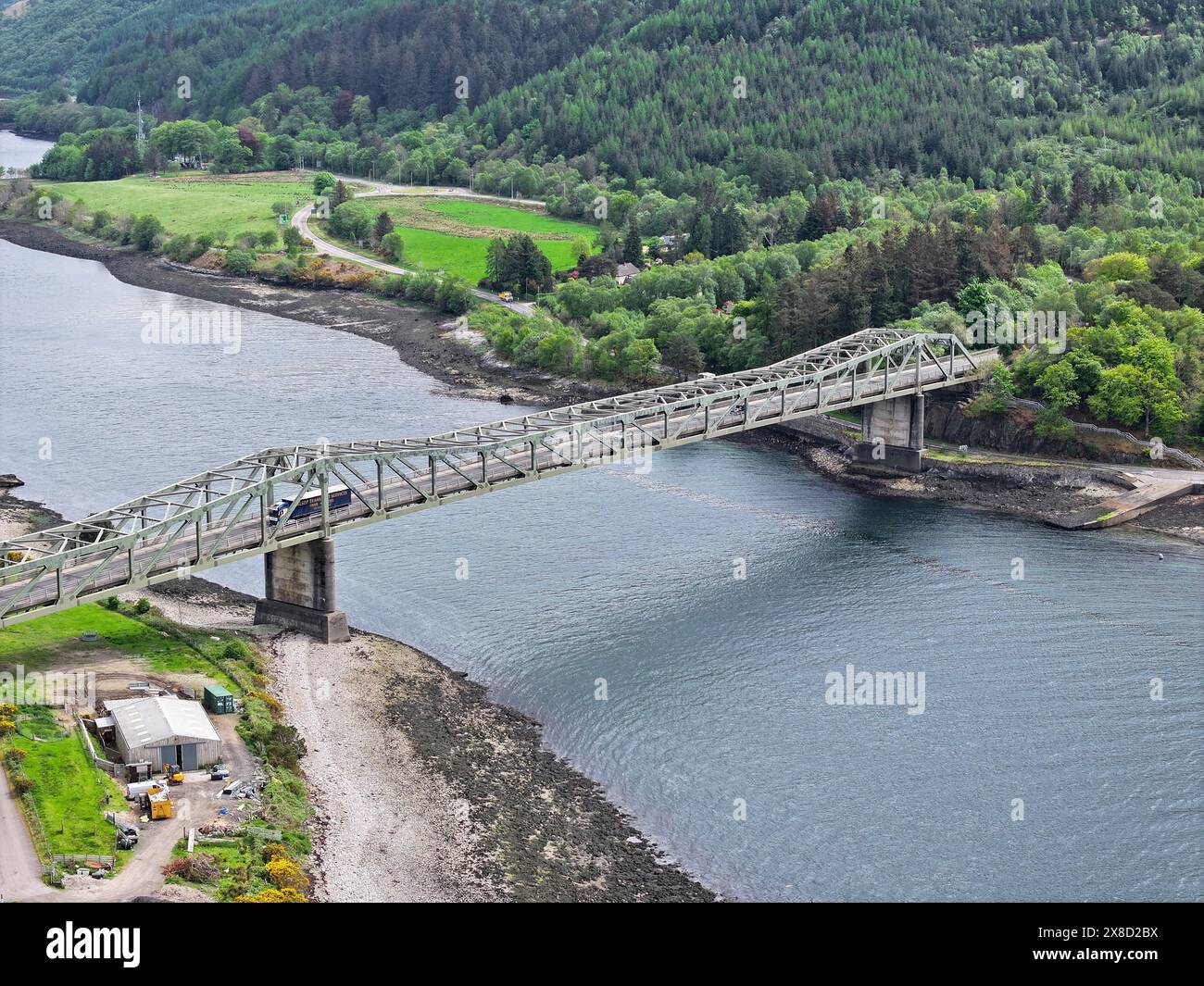 Aerial drone view of Ballachulish road bridge at the mouth of Loch ...