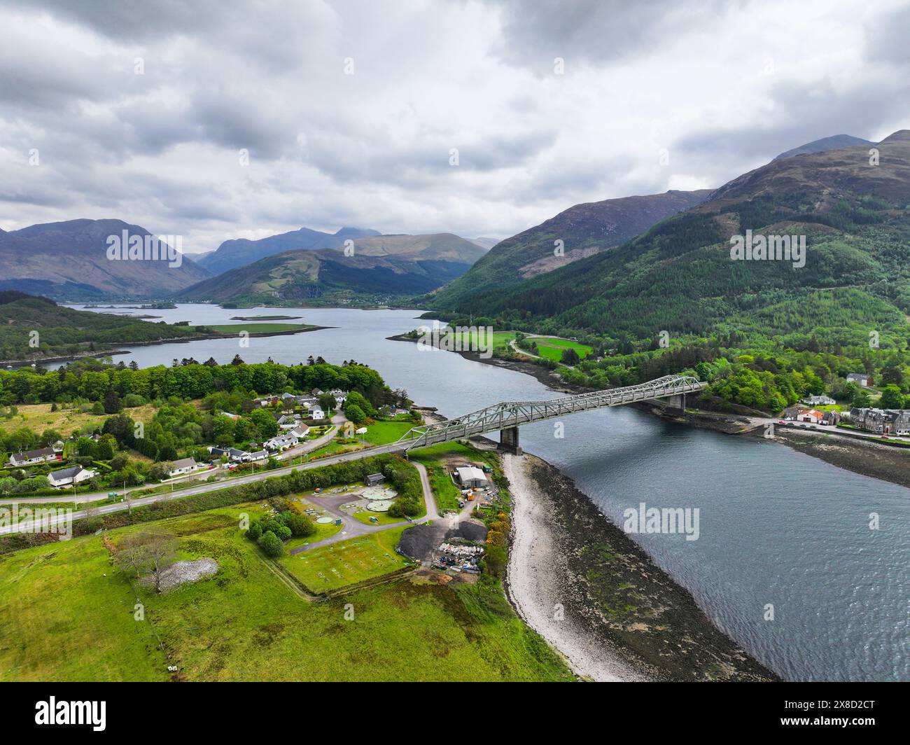 Aerial drone view of Ballachulish road bridge at the mouth of Loch ...