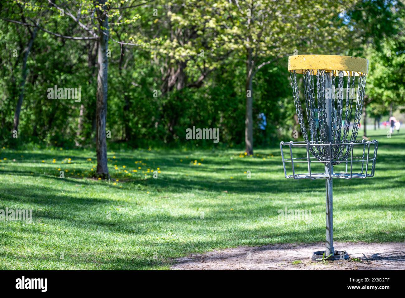 Disc golf goal with trees and open grass in background Stock Photo - Alamy
