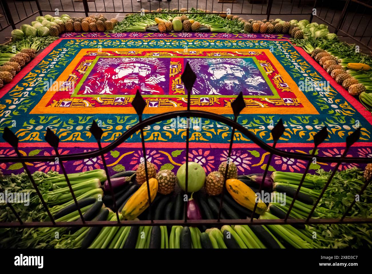 Church interior with Easter decoration with offerings of fruit and ...