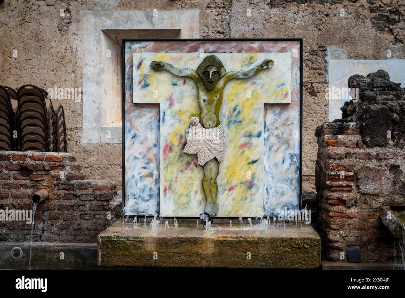 Modern Crucifix sculpture and water fountain, Santo Domingo Church and ...