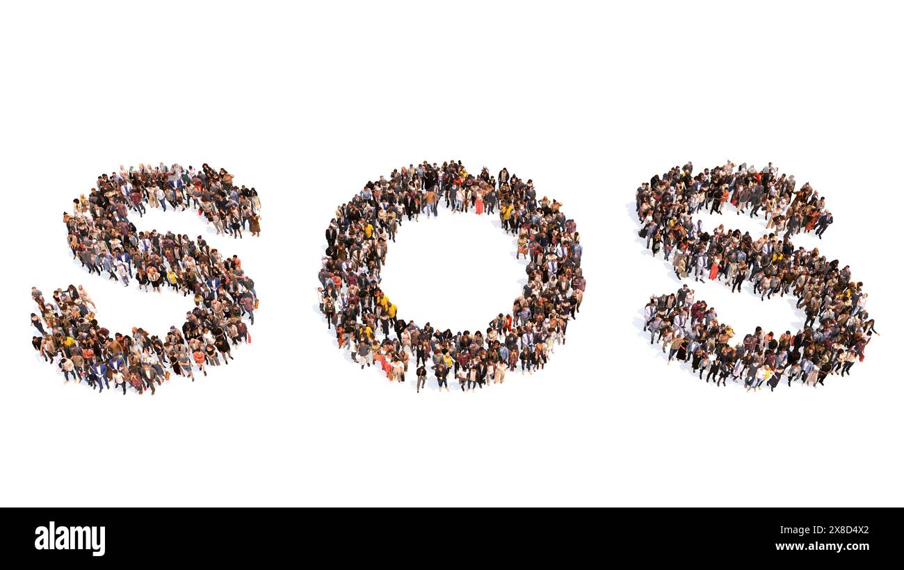 Concept or conceptual large community of people forming SOS message. 3d ...