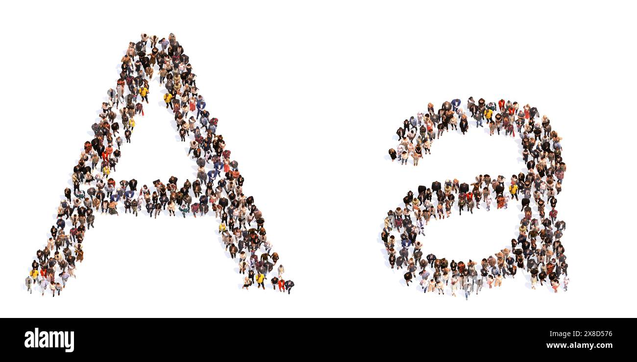 Concept or conceptual large community of people forming the font A. 3d ...
