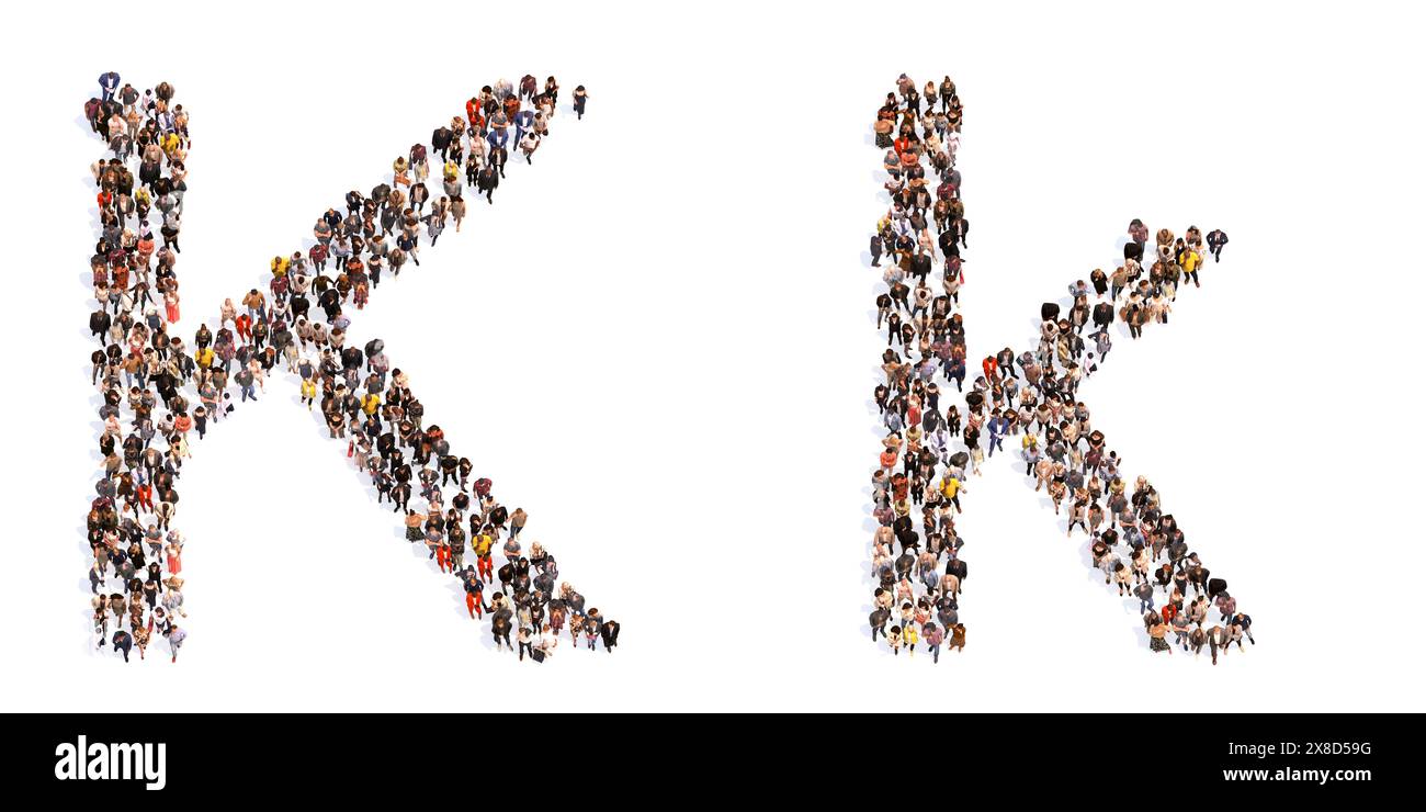 Concept or conceptual large community of people forming the font K. 3d ...