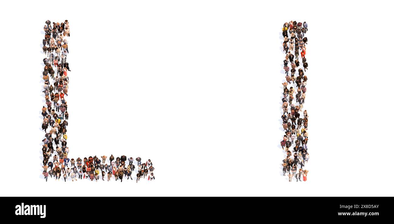 Concept or conceptual large community of people forming the font L. 3d ...