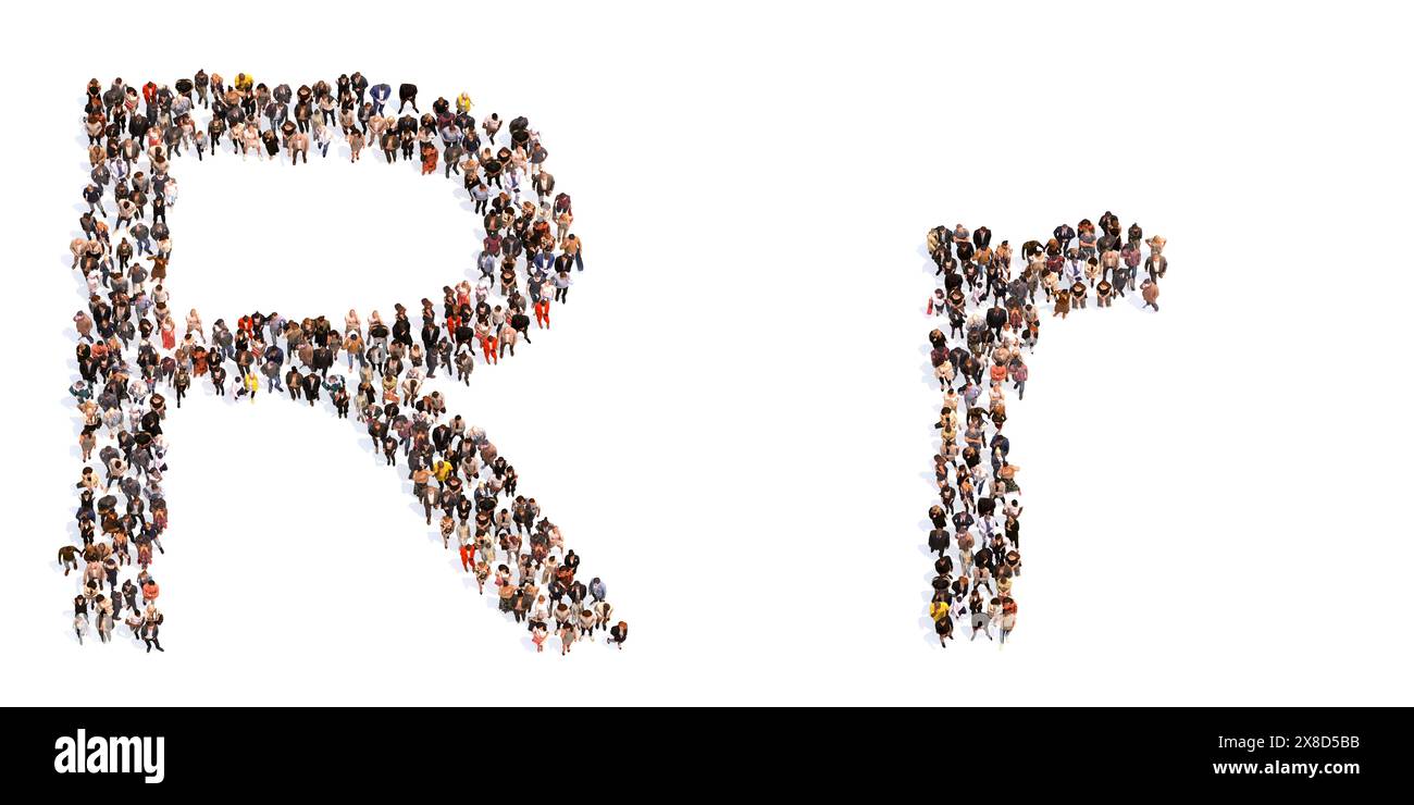 Concept or conceptual large community of people forming the font R. 3d ...