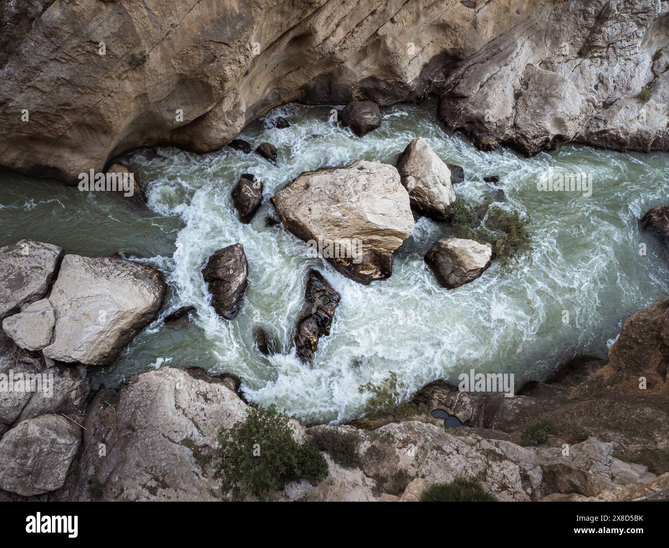 Top down view of the Gaitanes canyon gorge at the El Caminito del Rey ...
